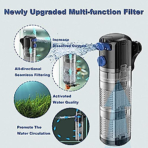 FREESEA Internal Aquarium Power Filter: 8W Adjustable Water Flow 2 Stages Filtration System Submersible for 40-120 Gal Fish Tank | Turtle Tank …