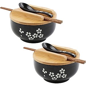Japanese Ramen Bowl, Vintage Noodle Bowl with Lid and Spoon Black, Ceramic Ramen Bowl Hand Drawn Rice Bowl, Retro Tableware Noodle Bowl (2x Black)