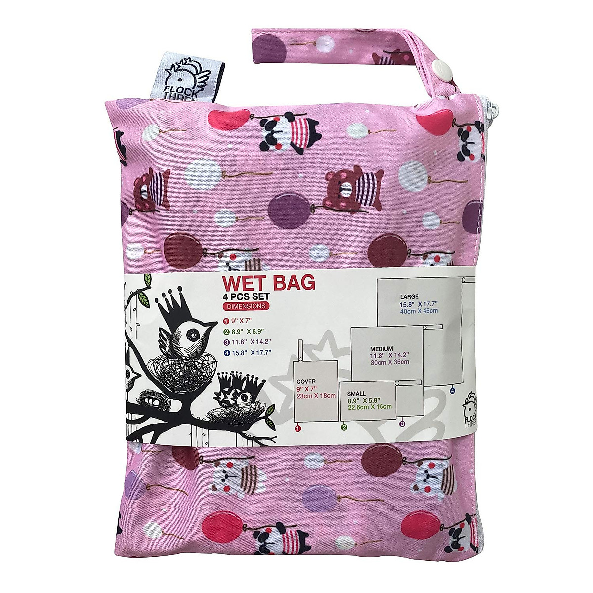 FLOCK THREE 4pcs Waterproof Wet Bag Reusable for Wet Clothes Baby Diapers Stroller Swimsuit Travel Reusable toiletries Pouch Small and Larger Electronics case 4 Pack (Windy Days)