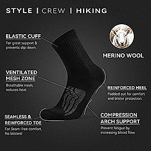 Socks Daze Black Merino Wool Hiking Socks Mens Size 10-13, Ladies Autumn Long Fuzzy Padded Anti-Blister Bike Trail Wool Socks Women Plus Size, Large, 4 Pairs Black