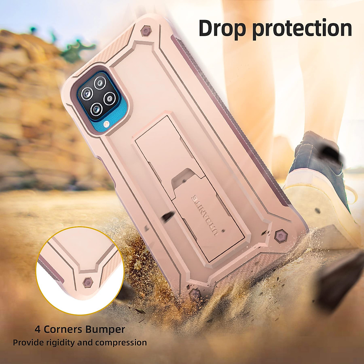 URBANITE for Samsung Galaxy A12 Case with Built-in Screen Protector, Full Body Heavy Duty Protective Cover Case with Kickstand fits Samsung A12 Phone (Pink)