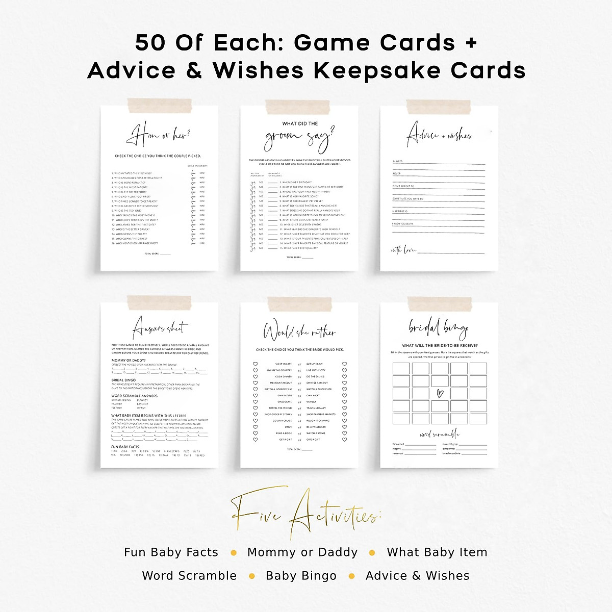 GardenCity Bridal Shower Games For 50 Guests, 4 Games + Advice and Wishes - Double Sided Cards - Minimalist