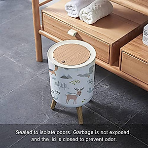 Trash Can with Lid Kids Children or Infants Seamless Repeat Winter Forrest Animal Theme Press Cover Small Garbage Bin Round with Wooden Legs Waste Basket for Bathroom Kitchen Bedroom 7L/1.8 Gallon