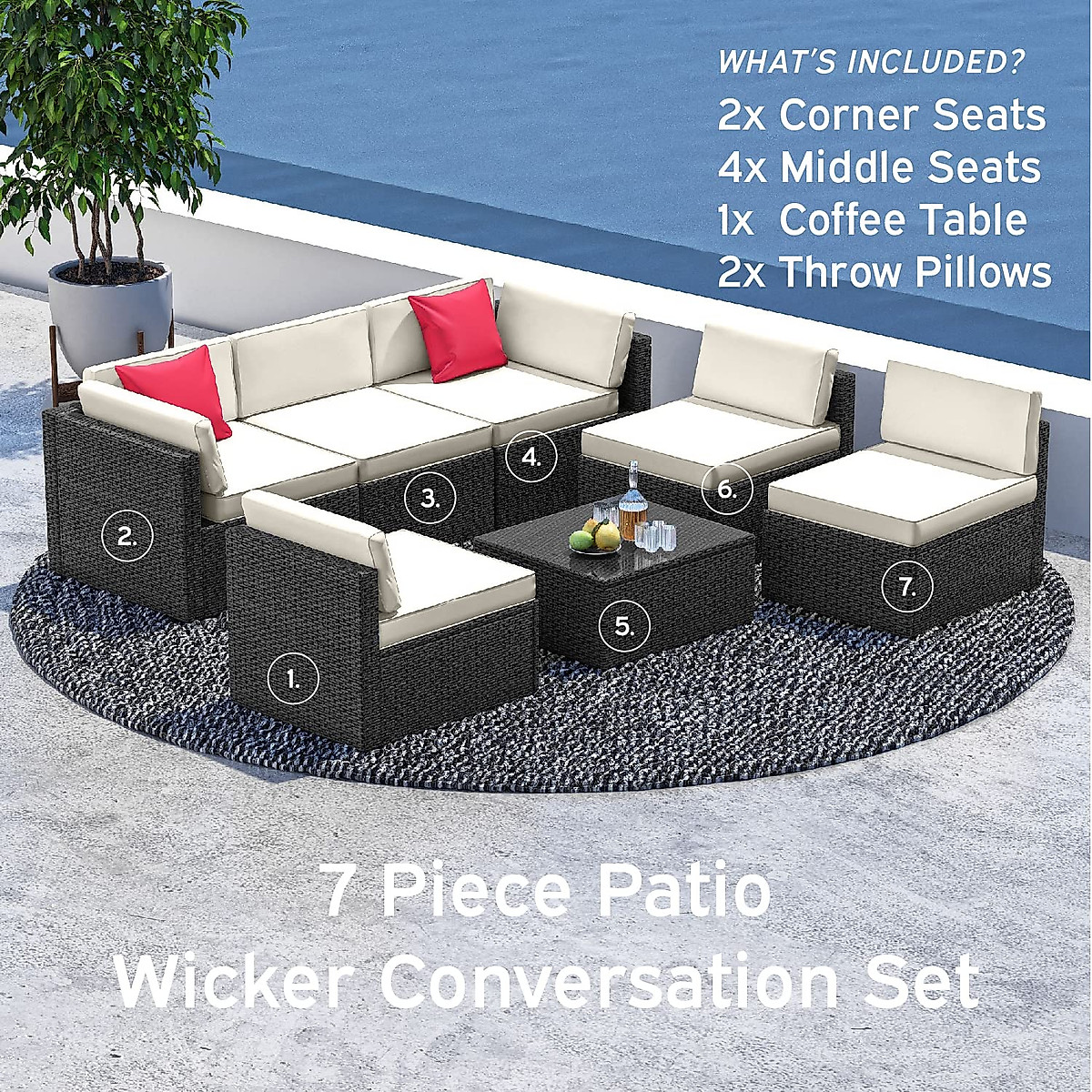 Nestl Patio Furniture Set – Outside Furniture Patio Set, 7 Piece Outdoor Patio Furniture Sets, Patio Conversation Sets with Patio Sectional, Black Wicker Patio Furniture Sets with Off White Cushions