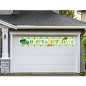 Large Garbage Truck Birthday Banner Trash Trucks Birthday Sign Banner Waste Management Recycling Bin Party Supplies Decoration, Outdoor Indoor (9.8 x 1.6 feet)