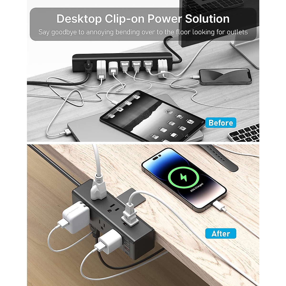CCCEI Desk Side Clamp Power Strip with 9 Outlet, Desk Top Tube Edge Mount Outlet with USB-A and USB-C Ports, Under Desk Table Leg Widely Spaced Surge Protector Outlet Station, Fit 1.1 inch Edge, 6FT.