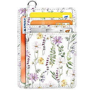 Coco Rossi Slim Front Pocket Wallet RFID ID Card Holder Cute Small Wallet with Keychian for Women,White Daisy