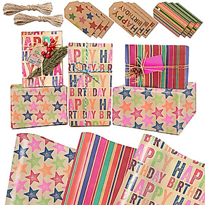 Jatidne 9 Sheets Gift Wrapping Paper Birthday with Tags and Strings Flat Brown Gift Wrap for Birthdays, Graduations