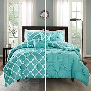 Madison Park Essentials Kasey Cozy Comforter Set - Fretwork Design, All Season Bedding with Matching Shams, Decorative Pillow, Queen (90in x 90 in), Diamond Aqua Comforter 5 Piece