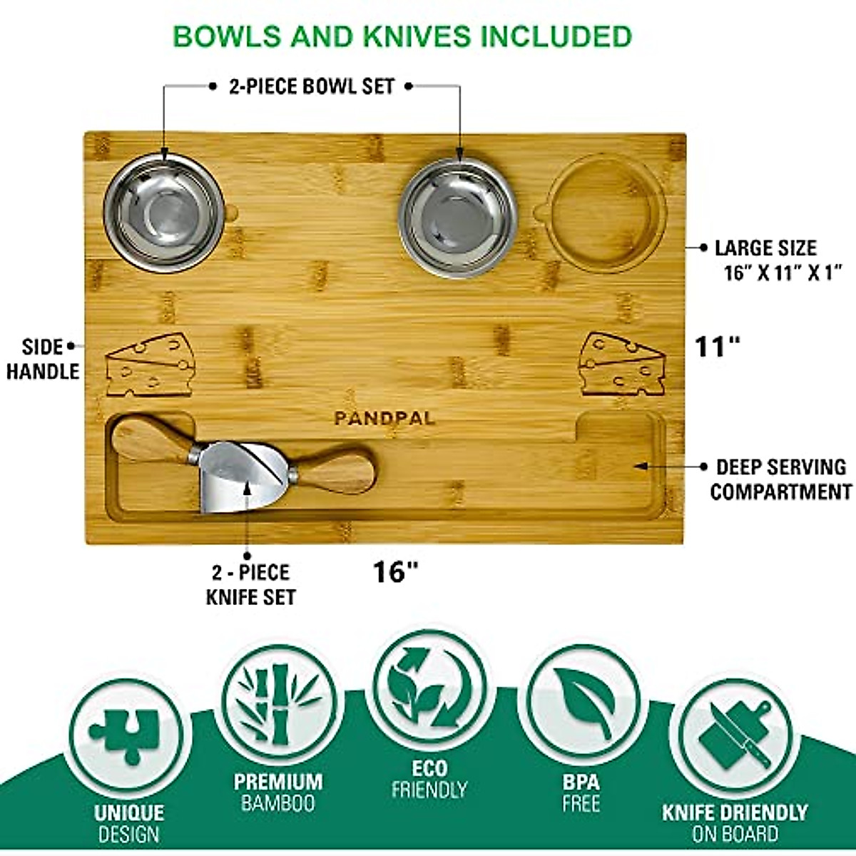 Bamboo Cheese Board Set, Charcuterie Food Serving Tray - Included Stainless Steel Knives & Bowls, Extra Large [16x11x1] Wooden Cutting Board Platter for Wine, Cracker, Brie, Meat, Dip, Chip by PandPal