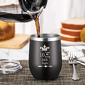 HLIKEM Pack Of 2 Wine Tumbler 10 Years Mr Right Mrs Always Right 10th Wedding Engagement Anniversary Cups for Couple Parents Stainless Steel Insulated Wine Glass with Straws and Brush