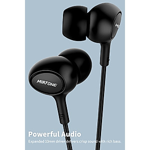 Earbuds, MIATONE Wired in- Ear Earbuds with Microphone, Dynamic Crystal Clear Sound Ergonomic Ear Buds Earphones Headphones for Android, BlackBerry - Black
