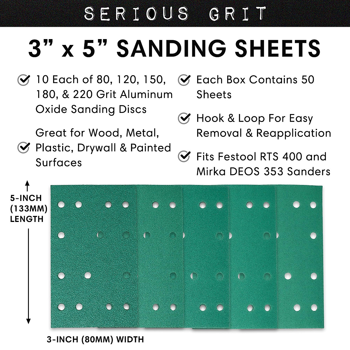 Serious Grit - 3" x 5" (80mm x 133mm) 14-Hole Sanding Sheet Assortment - 80, 120, 150, 180, 220 Grit (10 of Each) - Fits Festool RTS 400 & Mirka Deos 353 - Hook & Loop Sandpaper - 50 Pack Box