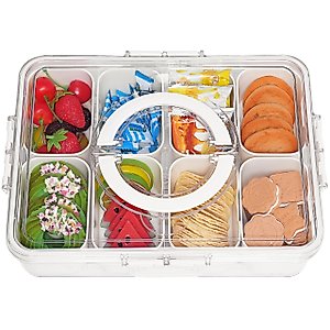 Snackle Box Container, Divided Serving Tray with Lid and Handle, Portable Snackle Box Charcuterie Container for Candy, Fruits, Veggie, Travel & Picnic (1 Pack with 8 Compartments)
