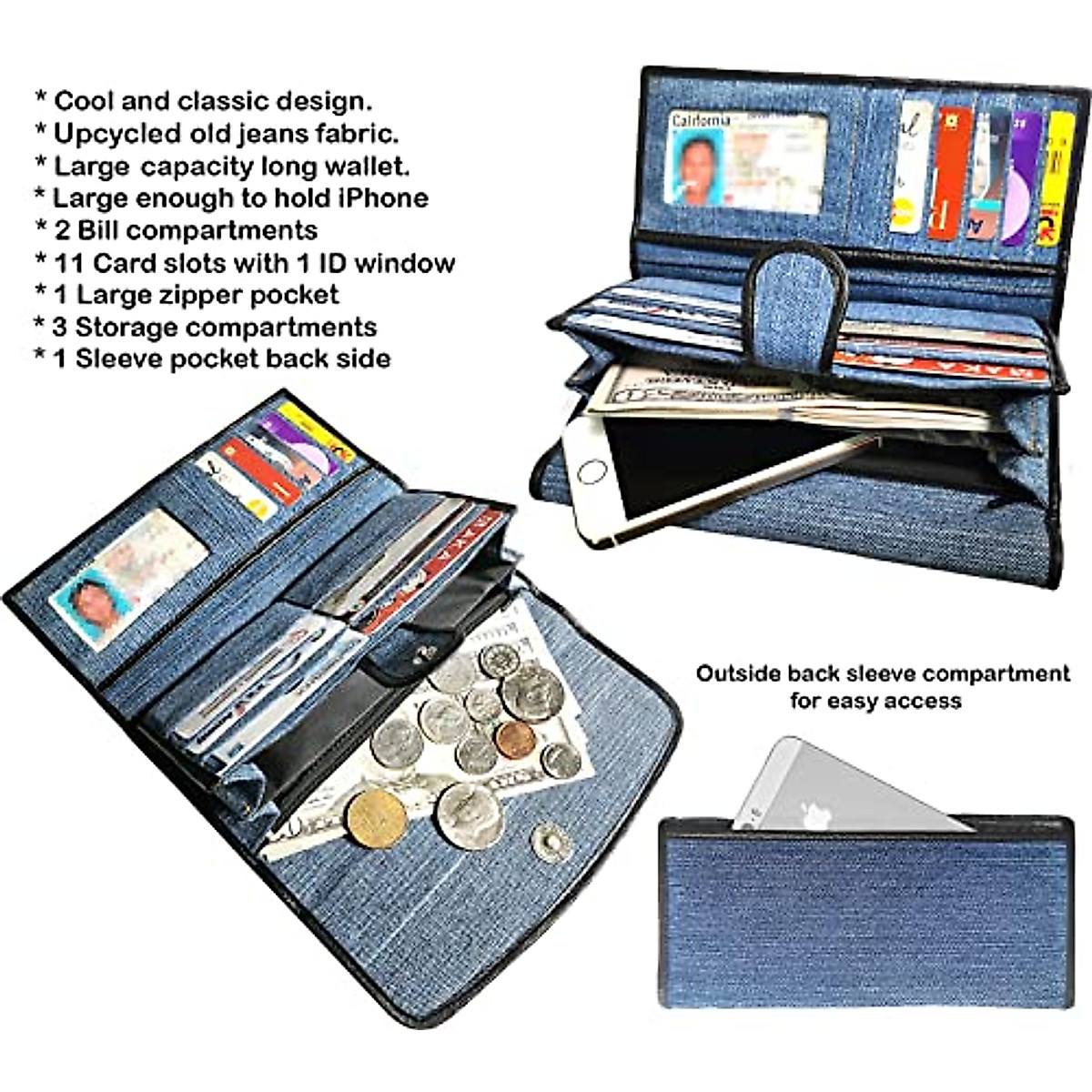 Bijoux De Ja Upcycling Blue Denim Large Capacity Money Flap Roomy Long Wallet Purse Clutch for Women BMW014