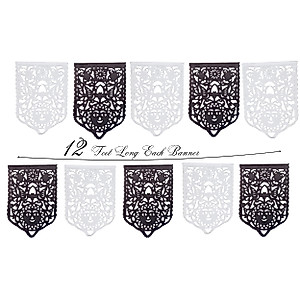 Black White Papel Picado Banners, Elegant Fiesta Decorations for Birthdays, Weddings, Bridal Showers, engagements, Paper Garland, Streamers, Bunting 2 Pack | Tissue Paper Flags