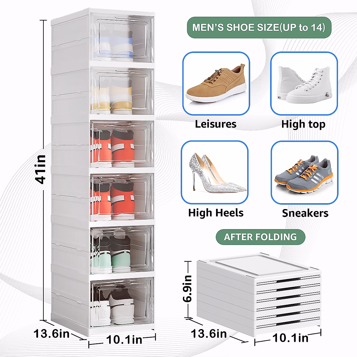 Harmon Wandyer Shoe Organizer Box 6-Tier Foldable Shoe Rack, Fit Size 12, No Assembly Stackable Shoe Organizer Storage Bins wit, All In One Universal Shoe Storage Boxes for Men and Women