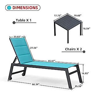 PURPLE LEAF Outdoor Chaise Lounge 2 Pieces Aluminum Patio Lounge Chair with Side Table and Wheels All Weather Outdoor Reclining Chair for Patio Pool Beach Sunbathing Chair, Turquoise Blue