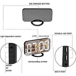 Digital Alarm Clock,6" Large LED Display with Dual USB Charger Ports | Auto Dimmer Mode | Easy Snooze Function, Modern Mirror Desk Wall Clock for Bedroom Home Office for All People (Black)