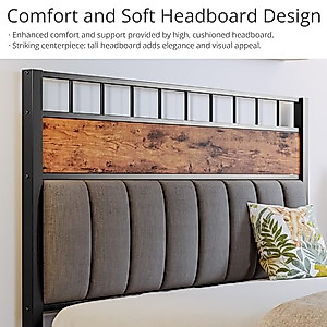 LIKIMIO Queen Bed Frame with 55 Inches upholstered high headboard, Sturdy and No Noise Platform Bed, No Box Spring Needed, Easy Assembly, Vintage Brown