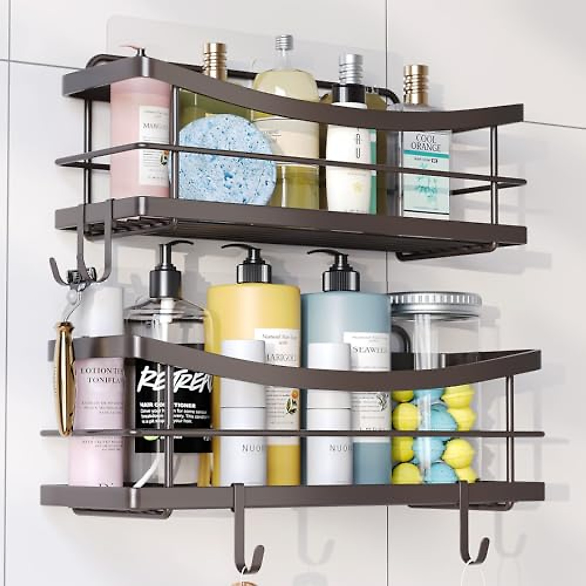 ODesign Shower Caddy Storage with Removable 4 Hooks Adhesive Shower Shelf Basket No Drilling Rustproof Bathroom Organizer - 2 Pack (Brown)