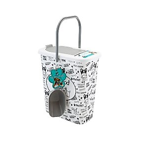 Pounce + Fetch 3 Gallon Pet Dry Food Container with Scooper | Dog Food Organizer | Helps Organize Pantry and Cabinets | Dog & Puppy Print Design | Carrying Handle | Flip Top Lid,White