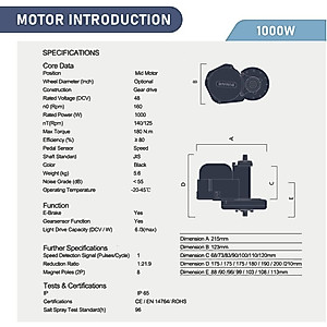 DERUIZ Electric Bike Motor 1000w Mid Drive BBSHD BBS03 E-Bike Kit Bicycle Motor Kit Electric Bike Conversion Kit Electrical Kits with Battery for MTB City Bikes Road Bicycle for Adults