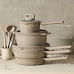 CAROTE Pots and Pans Set Nonstick, 11Pcs Kitchen Cookware Sets, Stackable Induction Cookware, Pot and Pan set, Pans for Cooking, Taupe Granite