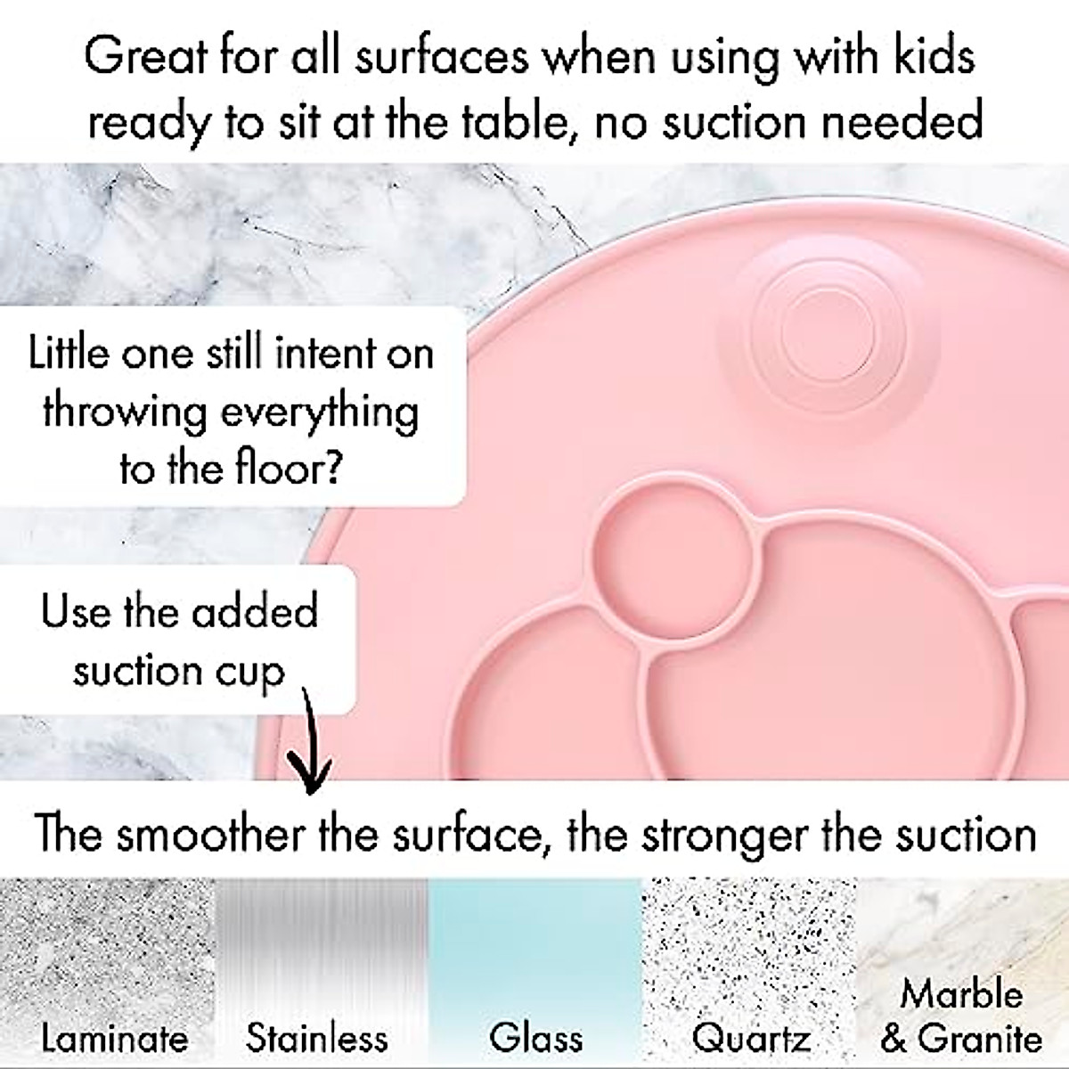 PrimaStella Unbreakable Silicone Platemat - Divided Suction Plate, Placemat and Food Catcher All-in-one (Soft Pink)