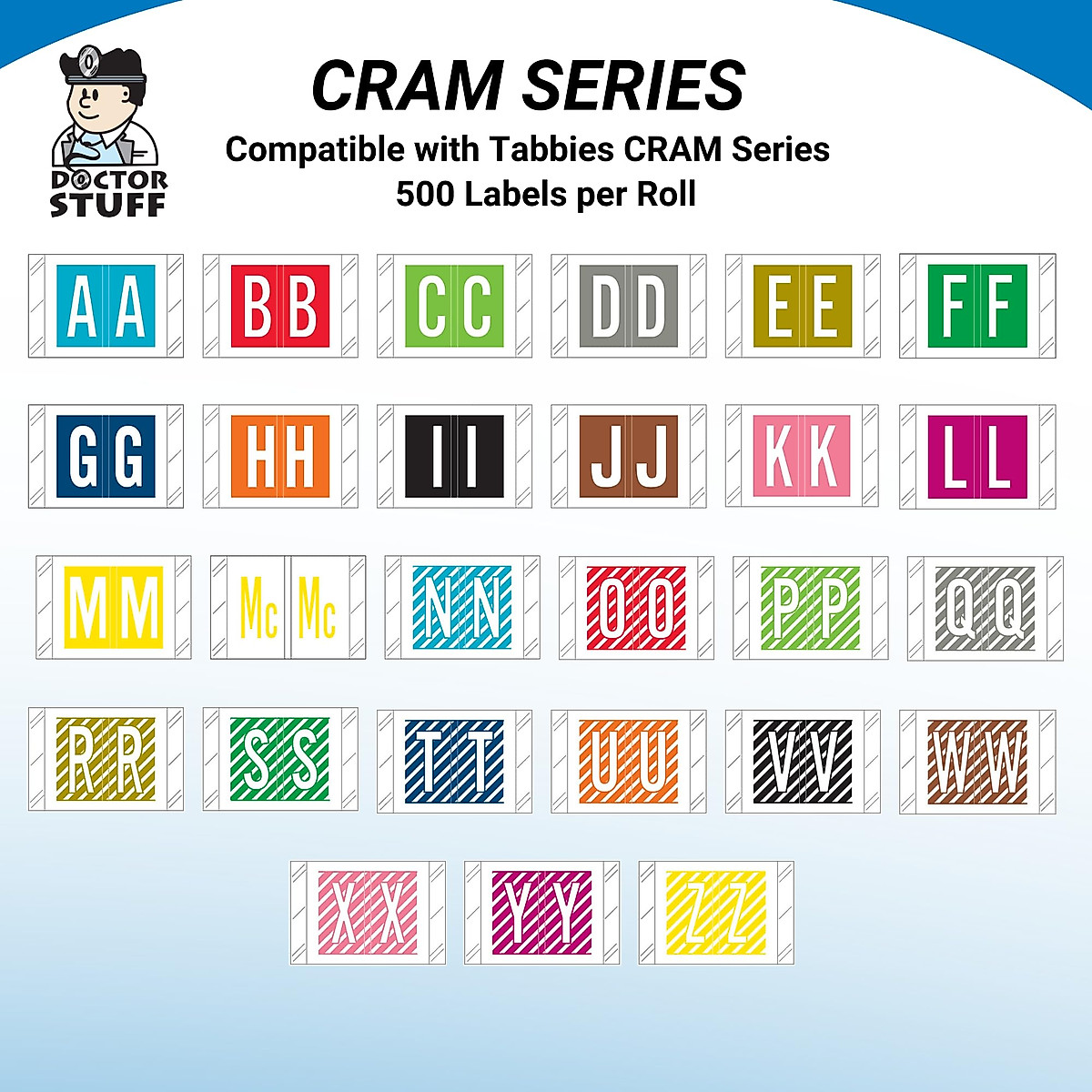 Doctor Stuff - File Folder Labels, Alphabet Letter M, Tabbies 12000 - Cram Series Compatible Alpha Stickers, Yellow, 1" x 1-1/2", 500/Roll