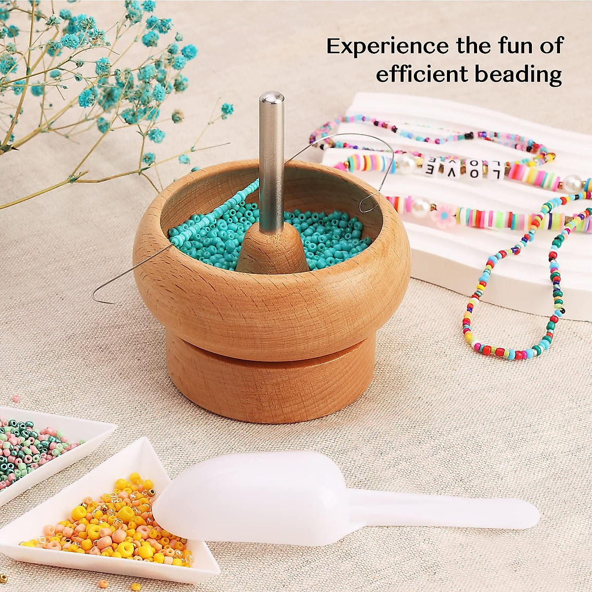 Tilhumt Bead Spinner for Jewelry Making, Effortless Rotating Wooden Clay Bead Spinner with 2 Big Eye Beading Needles and 3000 Seed Beads, Beading Supplies for Making Waist, Bracelets, Necklace