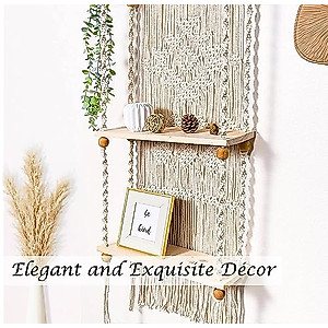 Induslyfe Macrame Wall Hanging Shelf Tier 3 Boho Hanging Wall Decor Boho Shelf Wall Decor Plant Rack Shelf, Boho Bookshelf Wall White Hanging Shelf Woven Rope for Boho Bathroom decor Bedroom Bookshelf