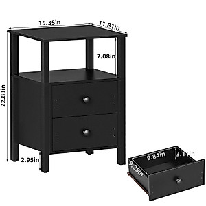 Lerliuo Black Night Stand, Small Nightstand with 2 Wood Drawers and Storage Shelf, Mid Century Modern Bedside Table with Wooden Frame, Rustic Bed Side Tables for Small Spaces, Nightstands for Bedroom