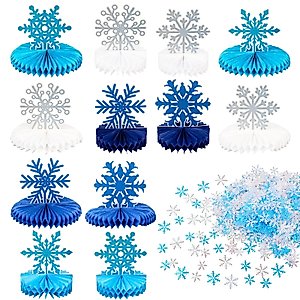 Frozen Winter Wonderland Party Decorations - 12pcs Blue White Snowflake Honeycomb Table Centerpieces and 600pcs Snowflake Confetti for Christmas Holiday Winter Birthday Baby Shower Party Supplies