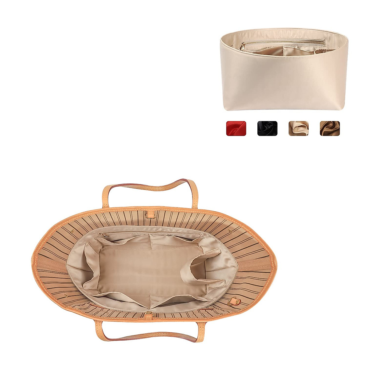 Purse Organizer Insert For Handbags, Silk Purse Organizer with Zipper, Silky Smooth, Bag Organizer For Speedy Neverfull Tote,onthego,Artsy, 6 Sizes(Slender Medium, Silky Beige)