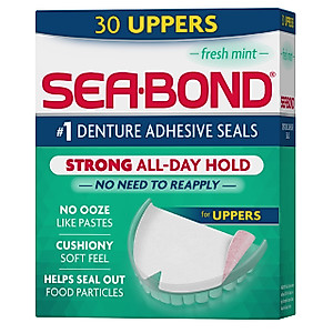 Sea Bond Secure Denture Adhesive Seals, Fresh Mint Uppers, Zinc Free, All Day Hold, Mess Free, 30 Count