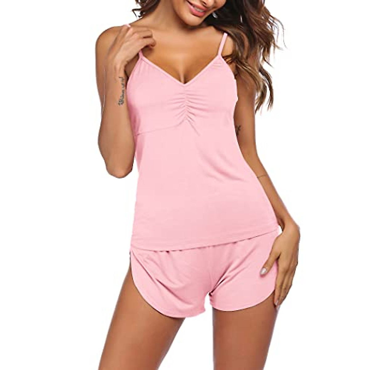Ekouaer Sleepwear Women Sleep Short Set Sexy Nighty v Neck Nightwear Soft (Pink ,Medium)