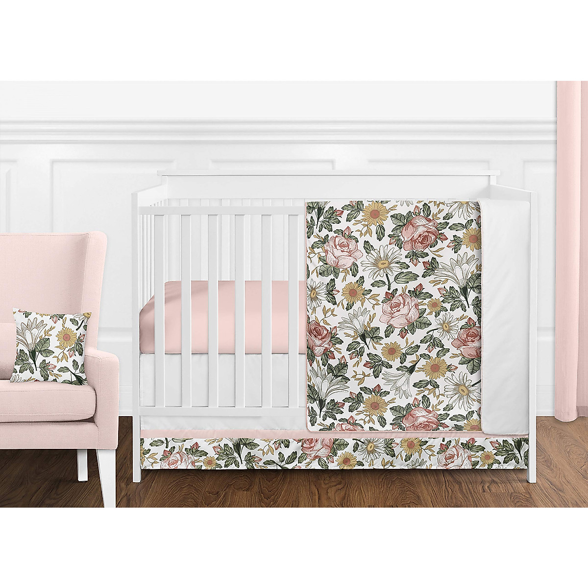 Sweet Jojo Designs Vintage Floral Boho Baby Girl Nursery Crib Bedding Set - 11 Pieces - Blush Pink, Yellow, Green and White Shabby Chic Rose Flower Farmhouse