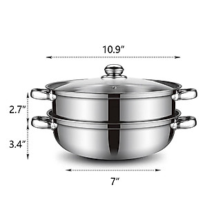 Steamer Pot for Cooking 11 inch Steamer Pot, 3-tier Multipurpose 18/8 Stainless Steel Steam Pot Cookware with Lid for Vegetable, Dumpling, Stock, Sauce, Food