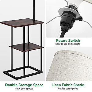EDISHINE Floor Lamp with Table, Modern Side Table with Built-in Lamp, Reading Shelf Floor Lamp with Linen Shade, Narrow Nightstand with Shelves for Living Room, Bedroom, Office, Den