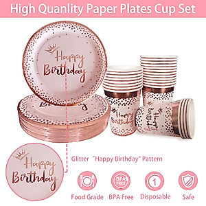 100Pcs Pink Birthday Plates rose gold plates and napkins party supplies for Girl Women
