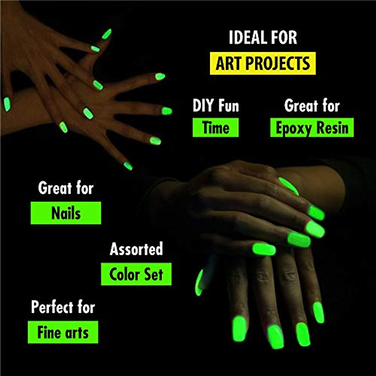 Glow in the Dark Powder –(Pack of 12) Luminous Pigment Powder Fluorescent UV Neon Color Changing luminescent Phosphorescent Thermochromic Dye Dust Glo for Slime Nails Resin Acrylic Paint Ink Non-Toxic