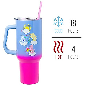 Silver Buffalo Care Bears Featuring Grumpy Bear, Funshine Bear, and Love-A-Lot Bear Heart Showers Ombre Stainless Steel Tumbler with Handle and Straw, Fits in Standard Cup Holder, 40 Ounces