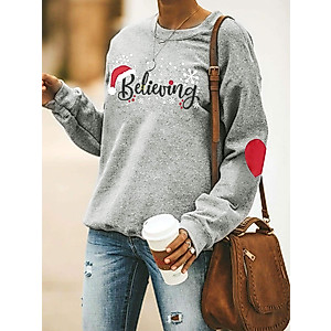 BLANCHES Christmas Sweatshirts for Women Believe Sweatshirt Funny Reindeer Snowman Xmas Holiday Long Sleeves Pullover Tops Grey