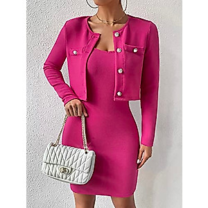 Floerns Women's 2 Piece Outfit Button Front Jacket Blazer with Bodycon Cami Dress Hot Pink M