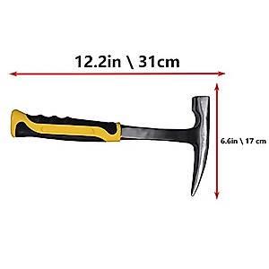 12 Inches Rock Pick Hammer with Skid Handle, All Steel Drop Forged Masonry Hammer with Chrome Plating, Geologist Hammer with Pointed Tip and Shock Reduction Grip for Mining+ A pair of gloves