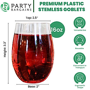 PARTY BARGAINS Stemless Goblet, 16 oz, Clear, 6 Pack, Heavy Duty Plastic Wine Glasses, Decorative Drinking Cups for Weddings, Baby Showers, Barware, Drinkware