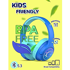 iClever Kids Bluetooth Headphones with LED Lights, BTH18 Safe Volume 74/85/94dBA, 43H Playtime, Stereo Sound, USB-C, AUX Cable, Bluetooth5.3 Over Ear Kids Headphones Wireless for Tablet/Travel, Blue