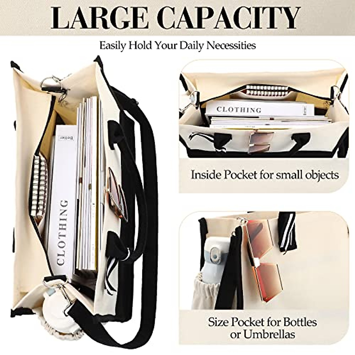 8 Pieces Canvas Tote Bag Black and White Bag with Shoulder Strap Zipper Opening Inner Side Pockets Grocery Totes for Women Work Daily Travel Birthday Bridesmaid Gifts DIY Bag