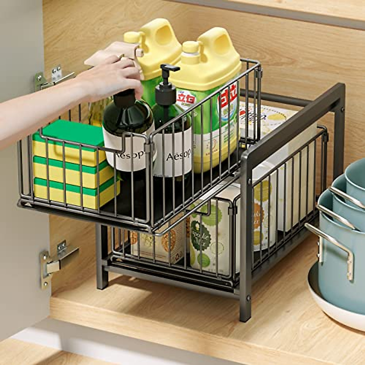 Under Sink Organizer, FLYWAKE 2-Tier Pull-Out Cabinet Organizer with Hooks for Kitchen Bathroom Organizers and Storage Organization (Shiny black)